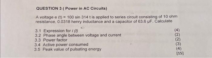 Solved QUESTION 3 (Power in AC Circuits) A voltage | Chegg.com
