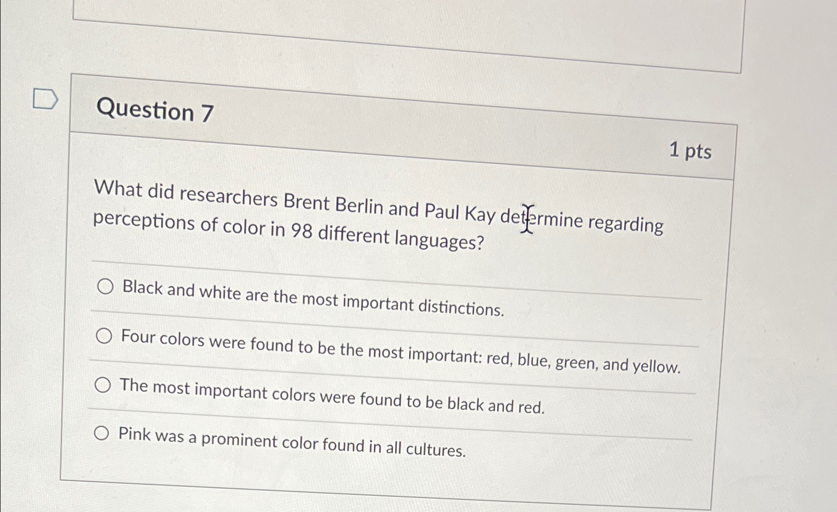 Solved Question 71ptsWhat did researchers Brent Berlin and | Chegg.com