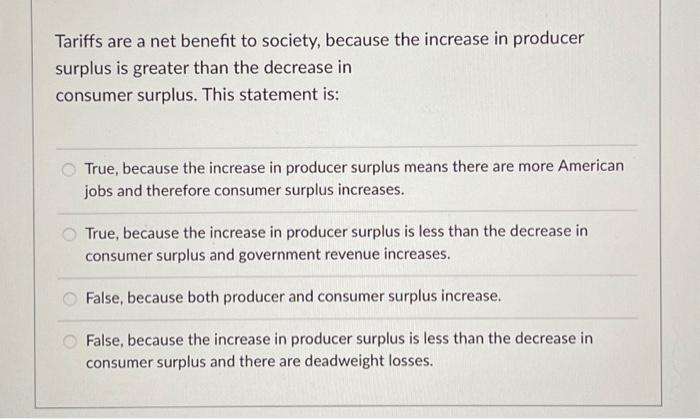 Solved Tariffs are a net benefit to society, because the | Chegg.com