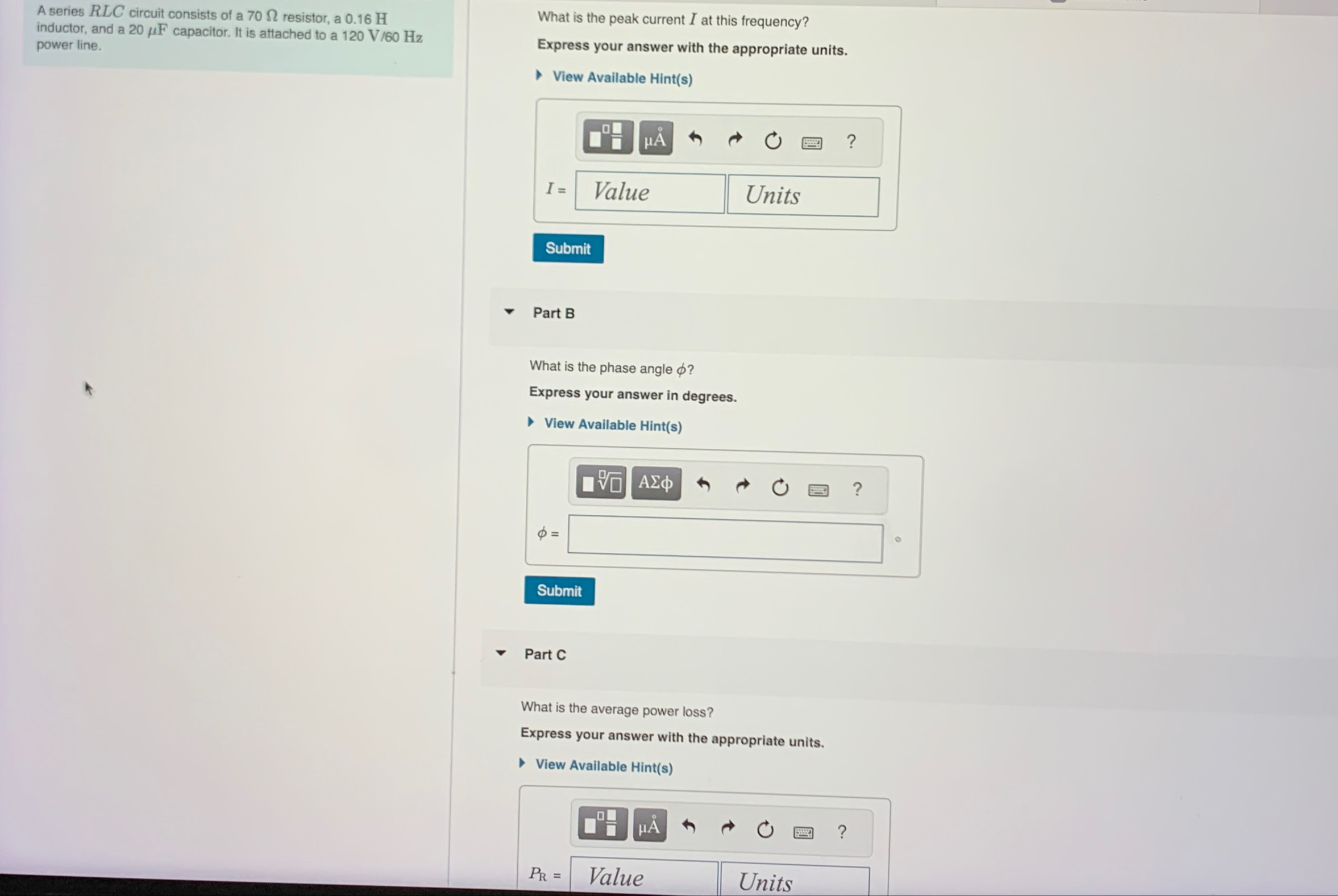 Solved A Series Rlc ﻿circuit Consists Of A 70Ω ﻿resistor A