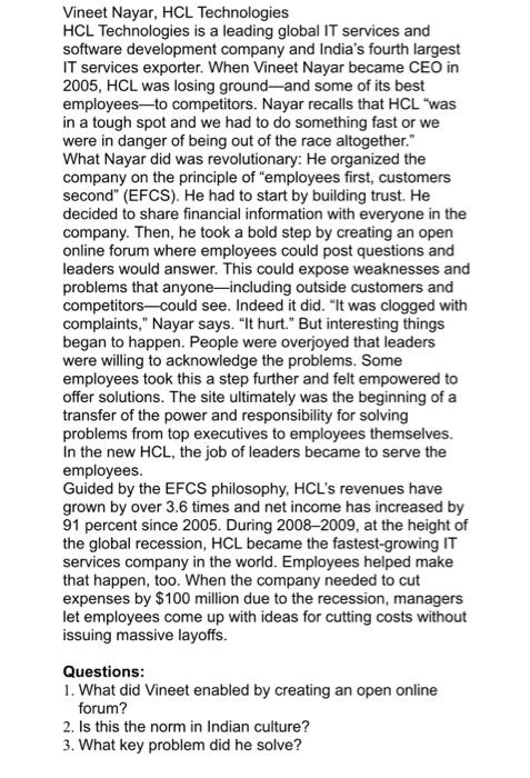 Solved Vineet Nayar Hcl Technologies Hcl Technologies Is A