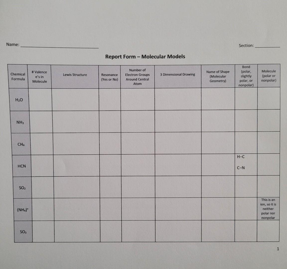 Solved Report Form - Molecular Models2Question: Choose one | Chegg.com