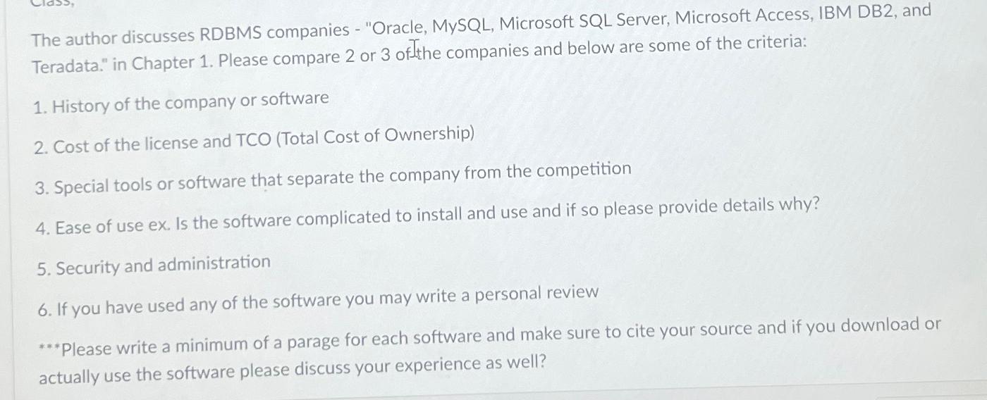 Solved The author discusses RDBMS companies - ﻿"Oracle, | Chegg.com
