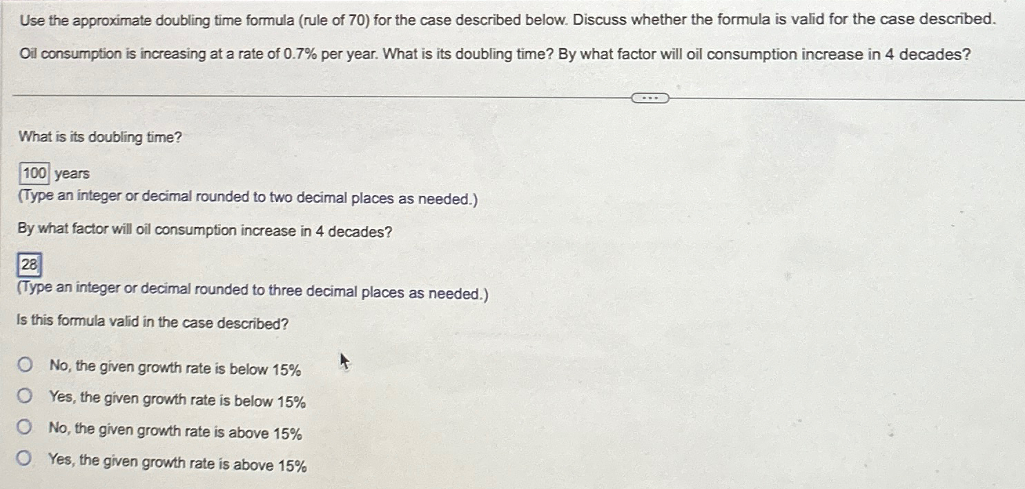Solved Use the approximate doubling time formula (rule of | Chegg.com