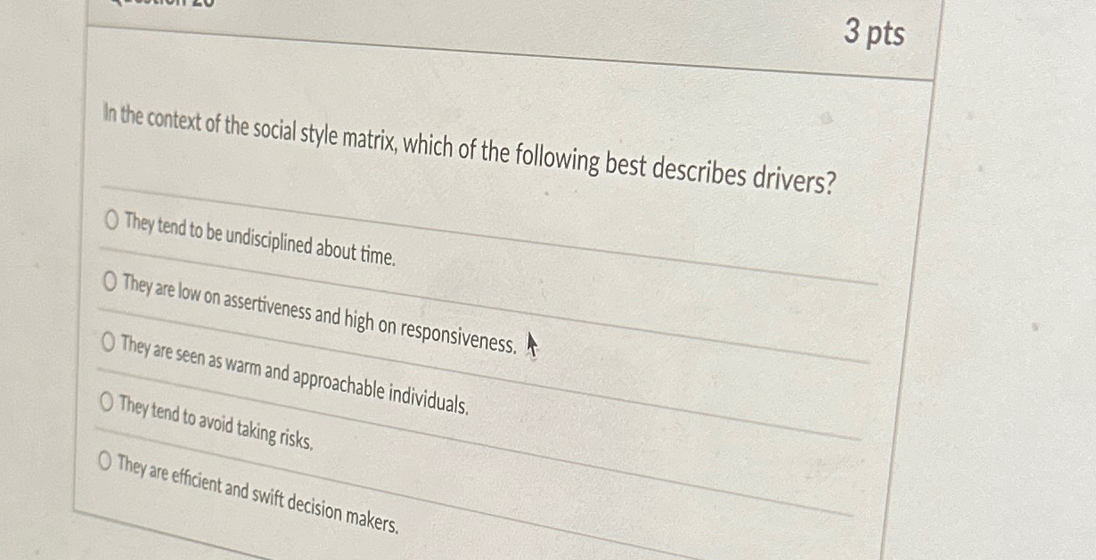 Solved 3 ﻿ptsIn the context of the social style matrix, | Chegg.com