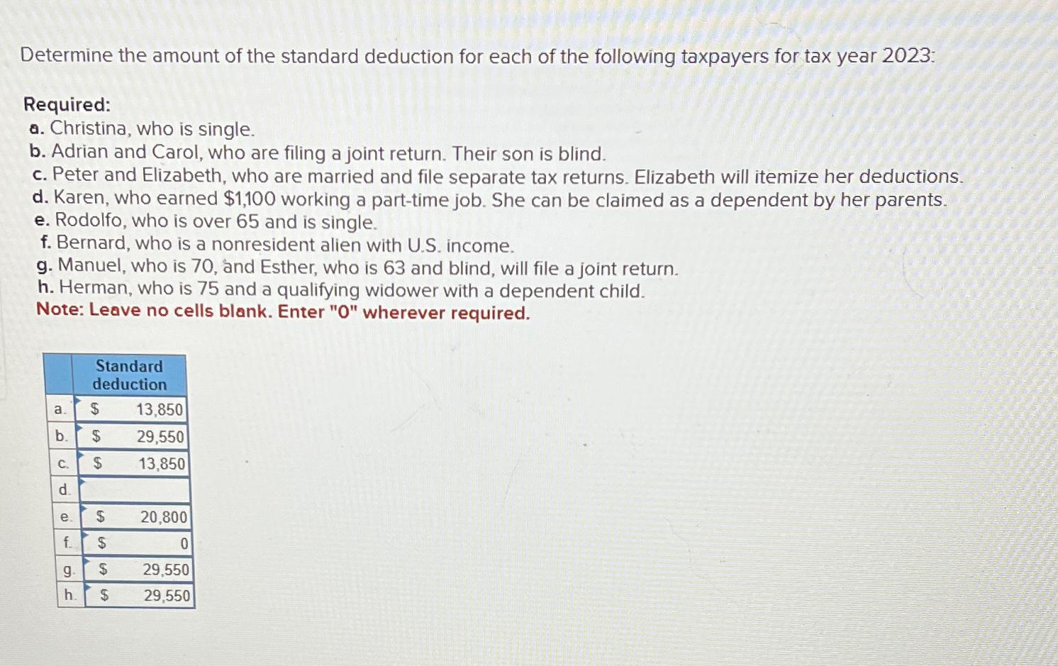 Solved Determine the amount of the standard deduction for | Chegg.com