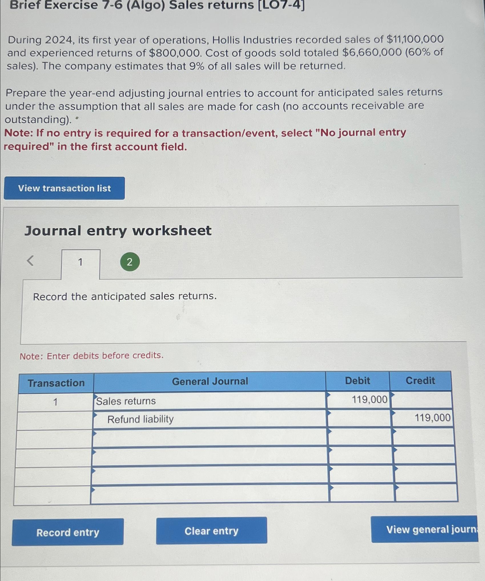 Solved Brief Exercise 7-6 (Algo) ﻿Sales returns | Chegg.com