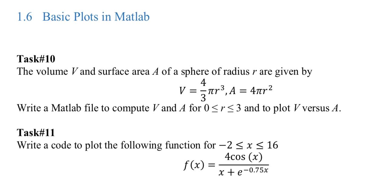 Solved 1.6 ﻿Basic Plots in MatlabTask#10The volume V ﻿and | Chegg.com