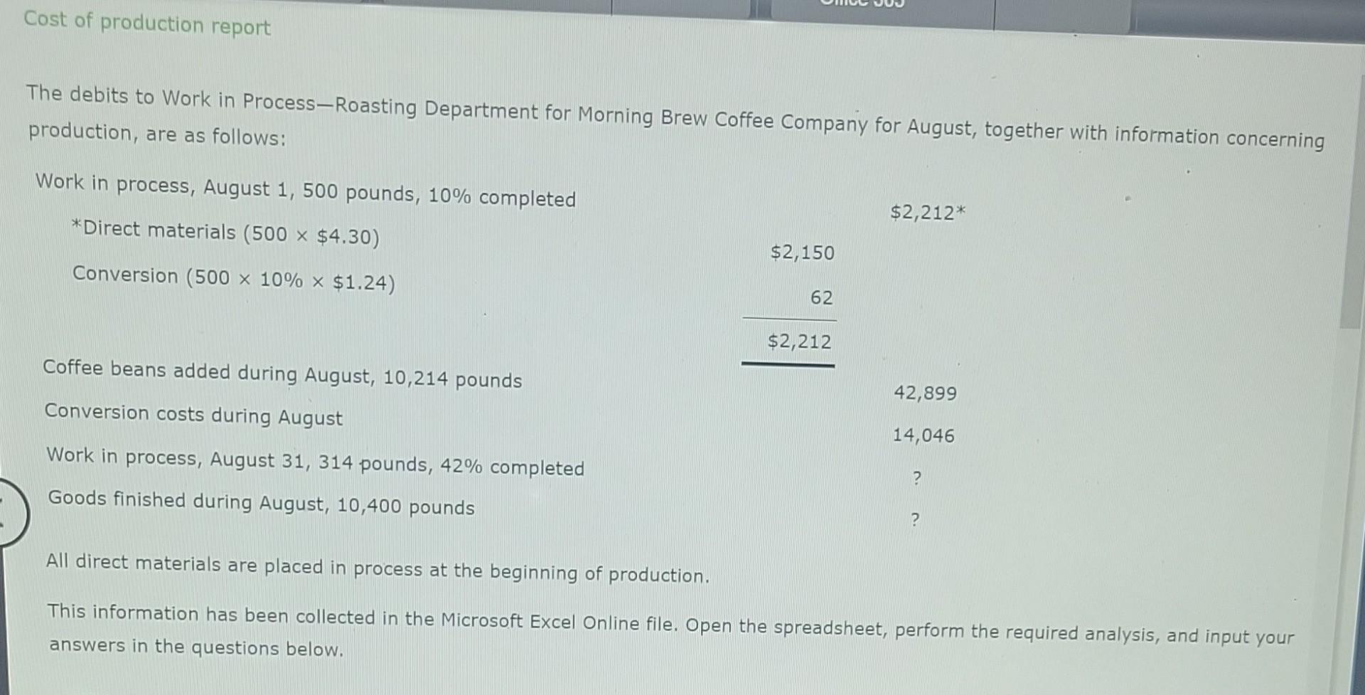 Solved The debits to Work in Process-Roasting Department for | Chegg.com
