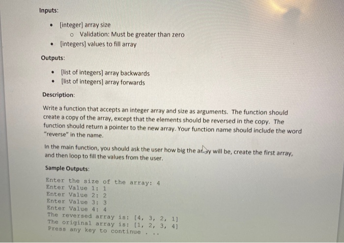 Solved Inputs: • [integer) array size O Validation: Must be | Chegg.com