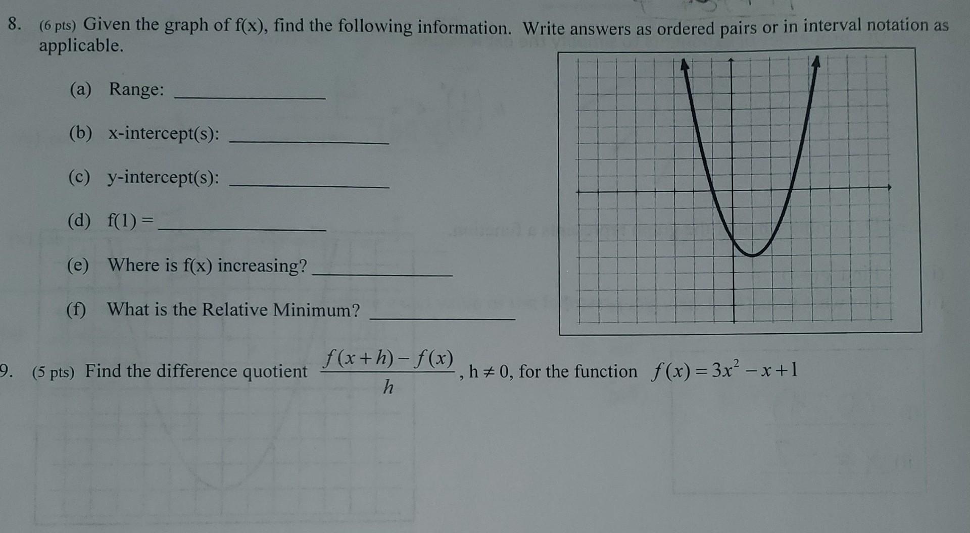 Solved 8. ( 6 pts) Given the graph of f(x), find the | Chegg.com Solved 8. ( 6 pts) Given the graph of f(x), find the | Chegg.com