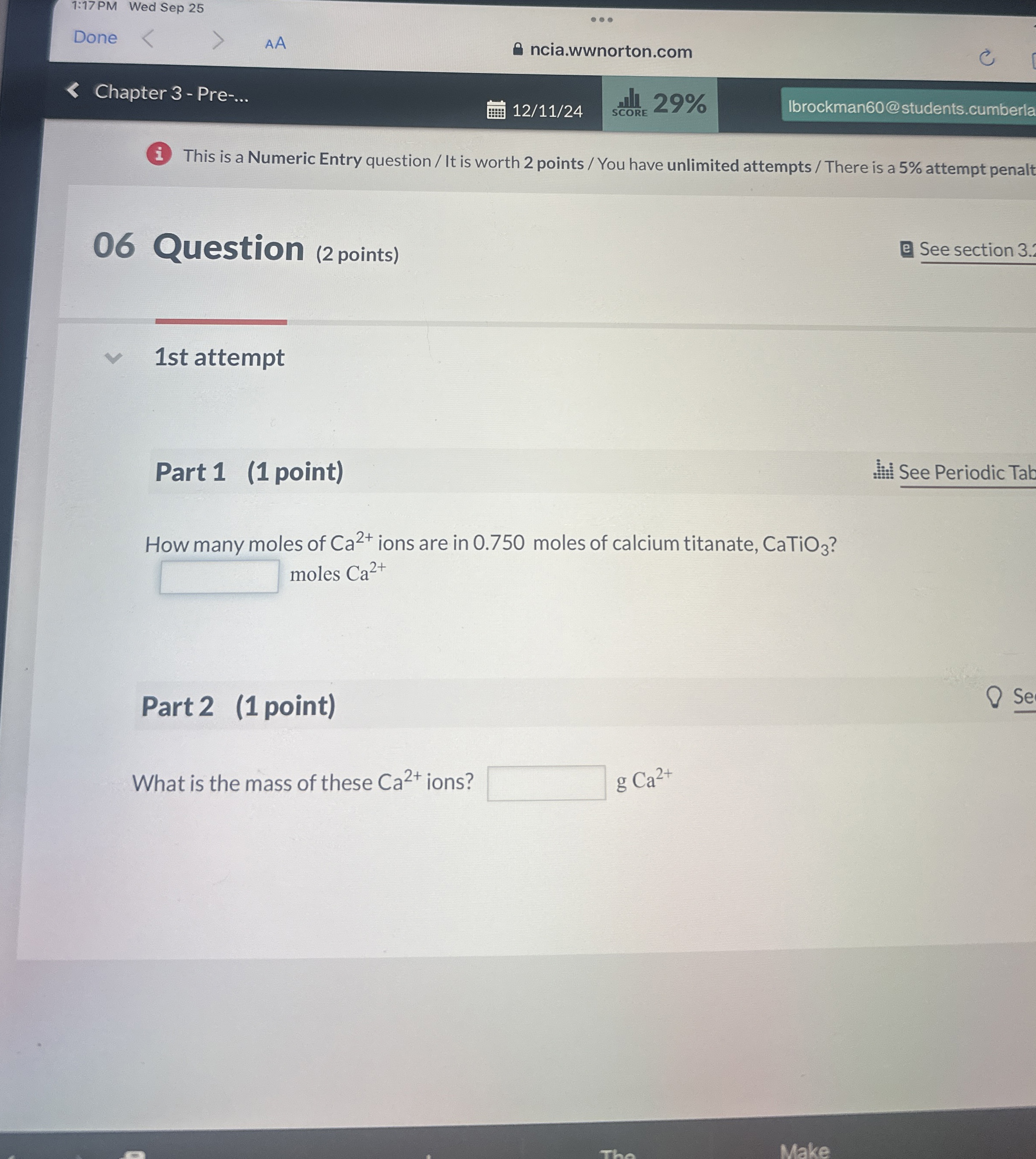 Solved Part 1 (1 ﻿point)How many moles of Ca2+ ﻿ions are in | Chegg.com