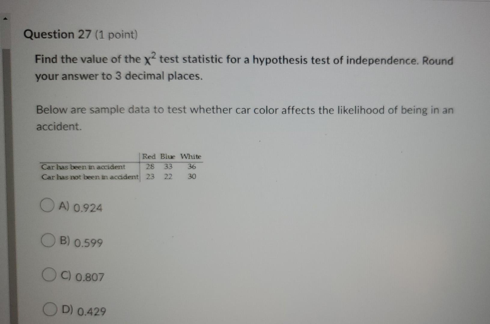 Solved Question 27 (1 point) Find the value of the x2 test | Chegg.com