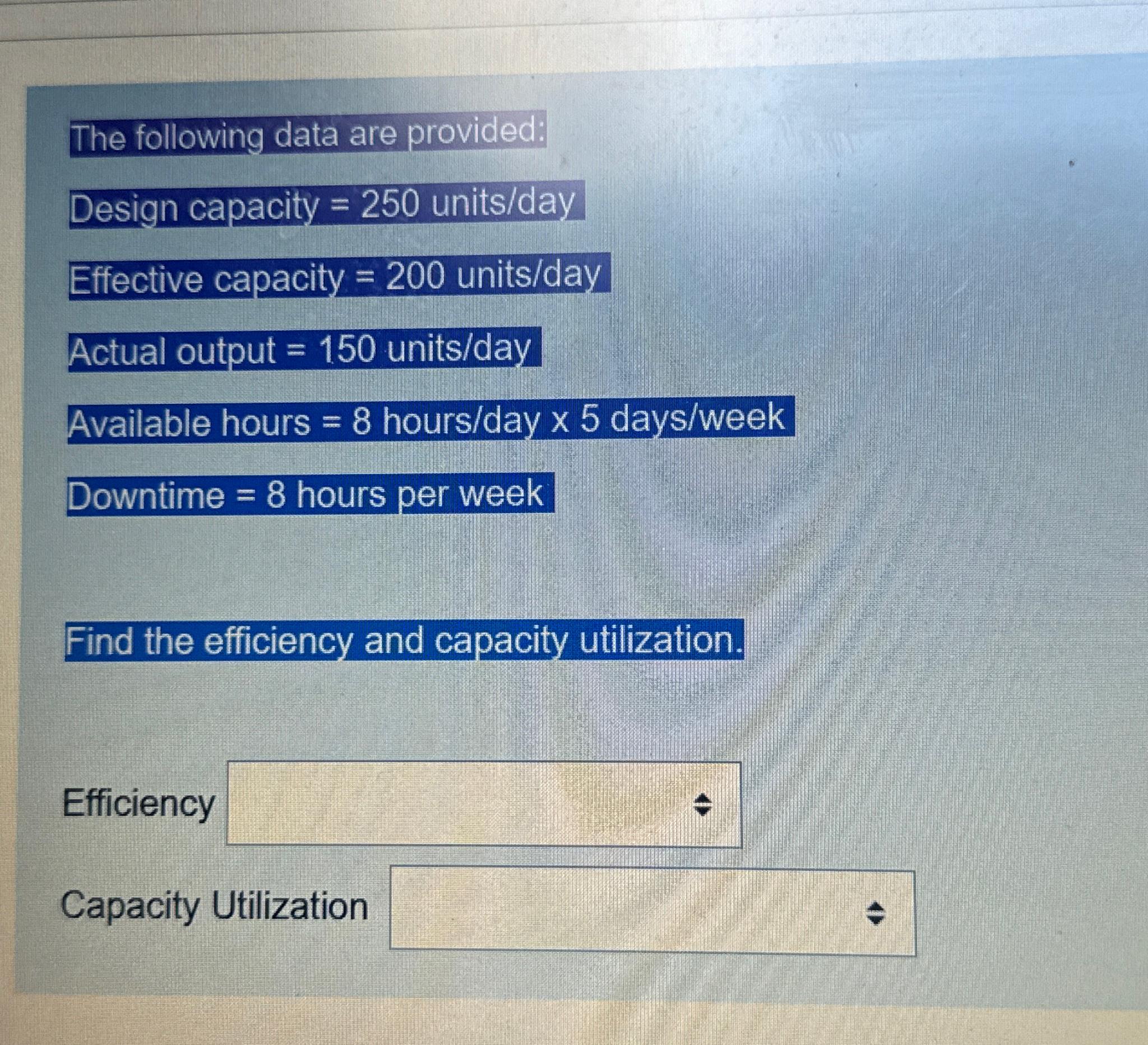 Solved The following data are provided:Design capacity =250 | Chegg.com