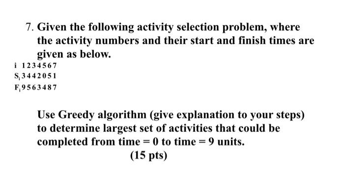 Solved 7. Given the following activity selection problem, | Chegg.com
