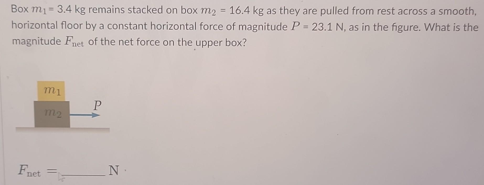 Solved Box m1=3.4 kg remains stacked on box m2=16.4 kg as | Chegg.com