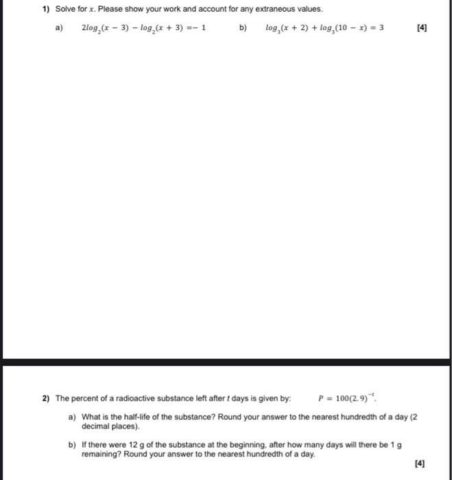 Solved 1) Solve for x. Please show your work and account for | Chegg.com