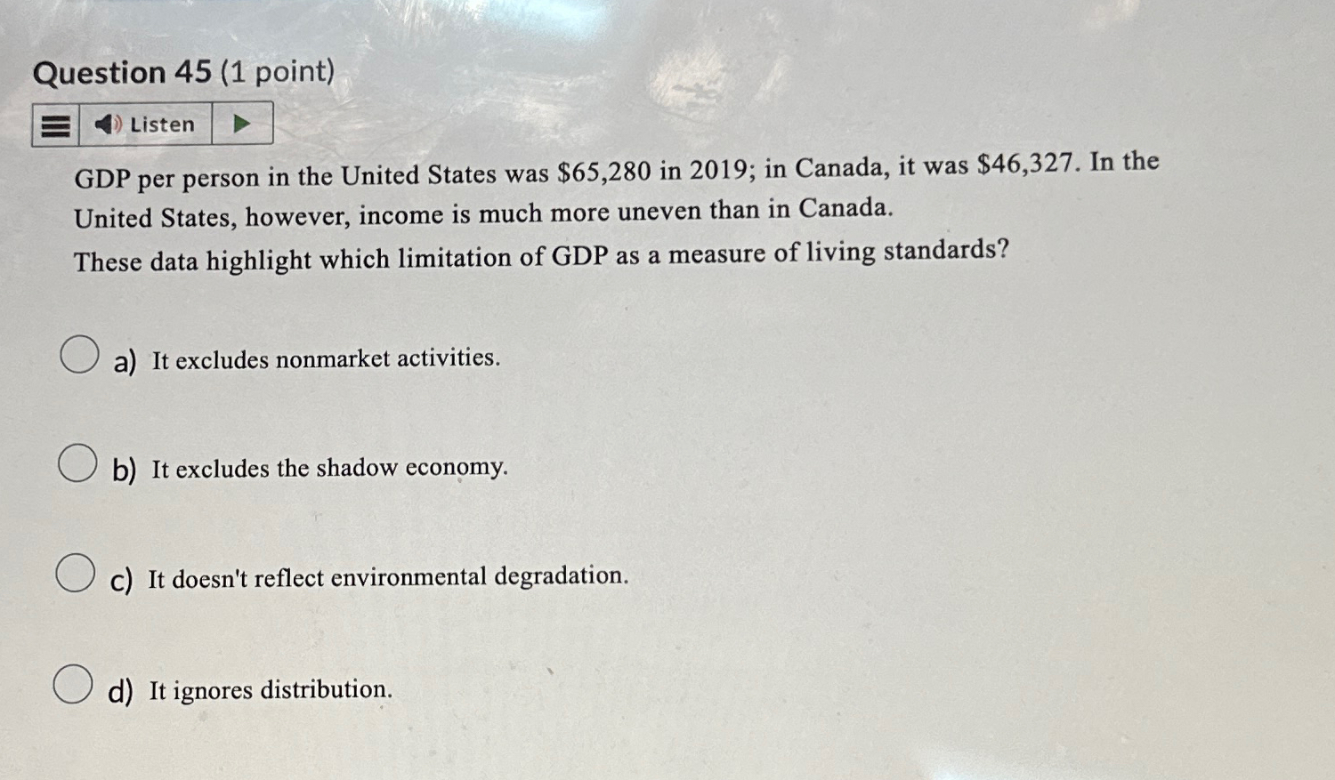 Solved Question 45 (1 ﻿point)ListenGDP per person in the | Chegg.com