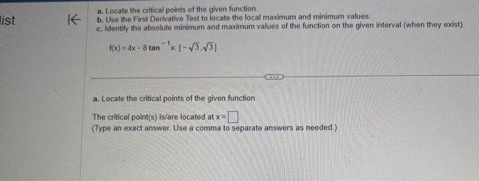 Solved a. Locate the critical points of the given function. | Chegg.com