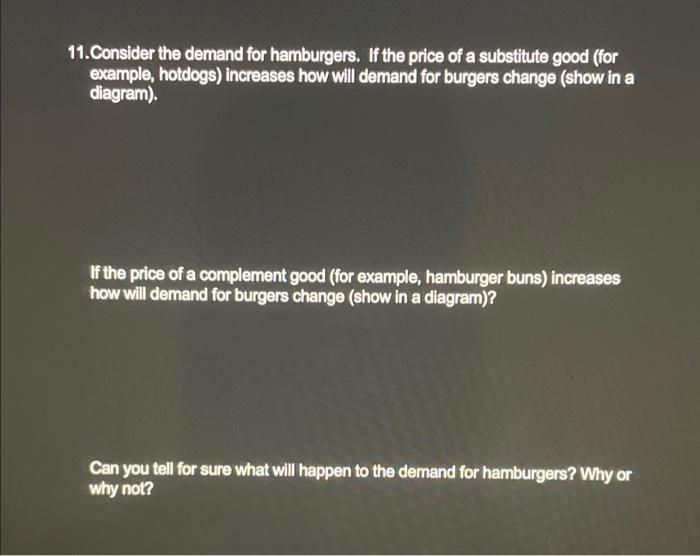 Solved 11. Consider the demand for hamburgers. If the price | Chegg.com