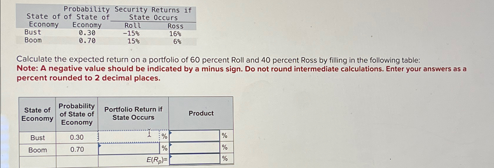 Solved \table[[Probability,Security,Returns if],[State of of | Chegg.com