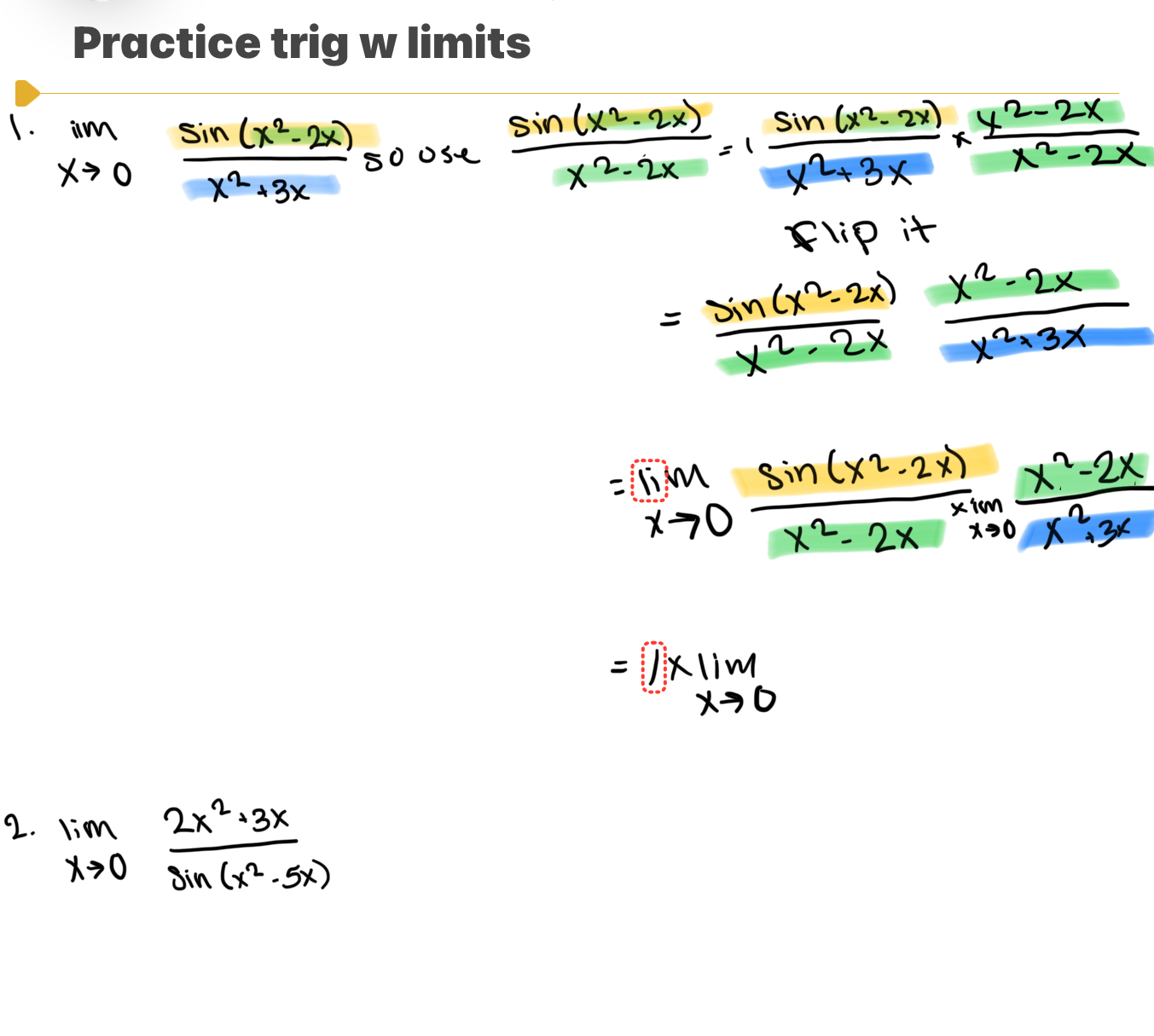Solved Practice trig w limits1.limx→0sin(x2-2x)x2+3x so ﻿use | Chegg.com