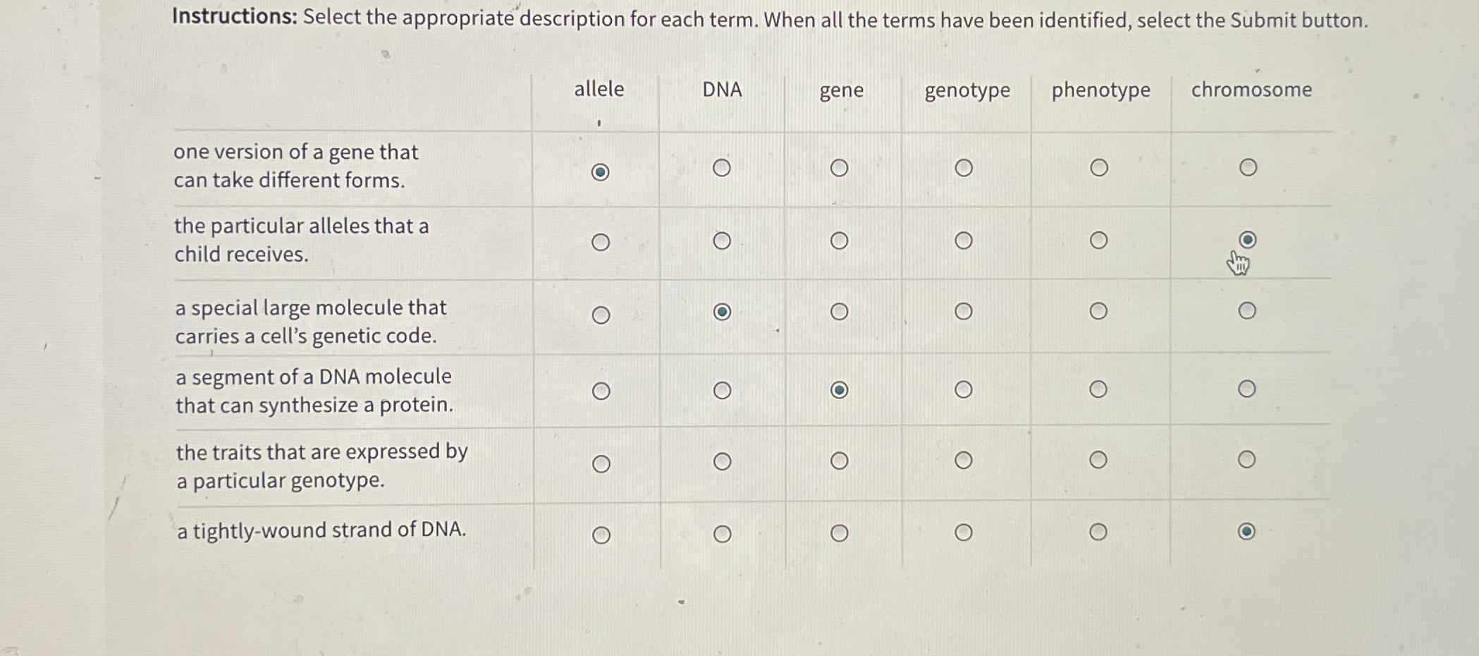 Solved Instructions: Select the appropriate description for | Chegg.com