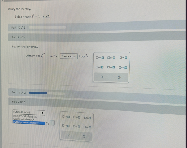 Solved Verify the identity.(sinx-cosx)2=1-sin2xPart: 02Part | Chegg.com