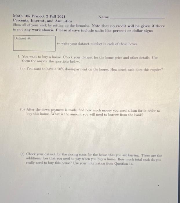 Math 105 Project 2 Fall 2021 Name Percents, Interest, | Chegg.com