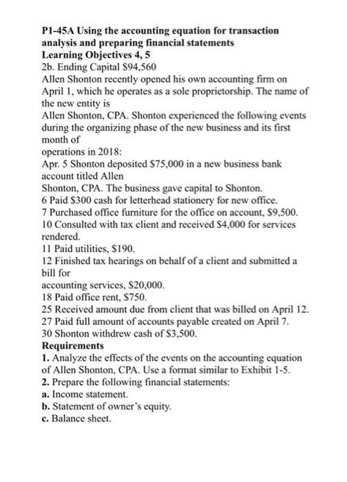 Solved P1-45A Using the accounting equation for transaction | Chegg.com