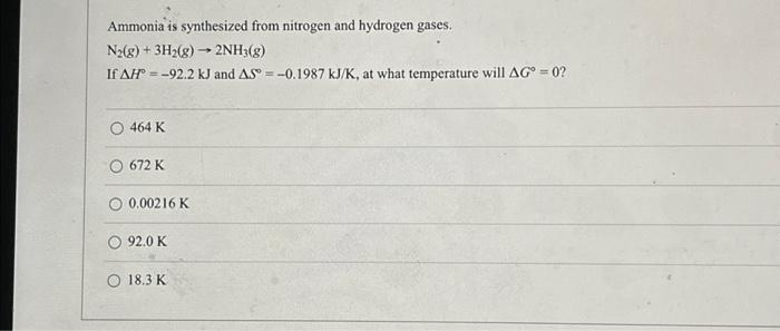 Solved Ammonia is synthesized from nitrogen and hydrogen | Chegg.com