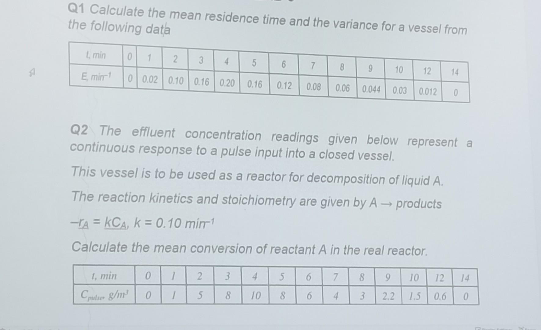 Solved Q1 Calculate the mean residence time and the variance | Chegg.com