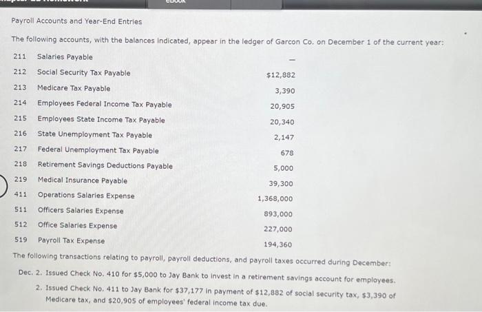 Payroll Accounts and Year-End Entries The following | Chegg.com