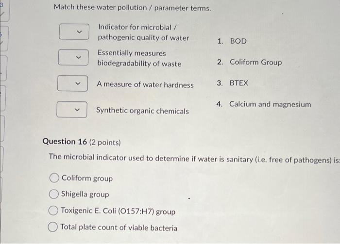 Solved Match these water pollution / parameter terms. | Chegg.com