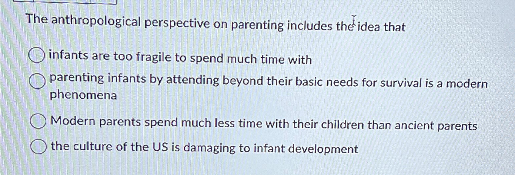 Solved The anthropological perspective on parenting includes | Chegg.com
