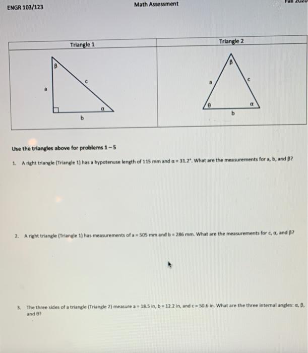Solved Fall Math Assessment ENGR 103/123 Triangle 1 Triangle | Chegg.com