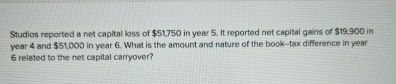 Solved Studios reported a net capital loss of $51750 ﻿in | Chegg.com