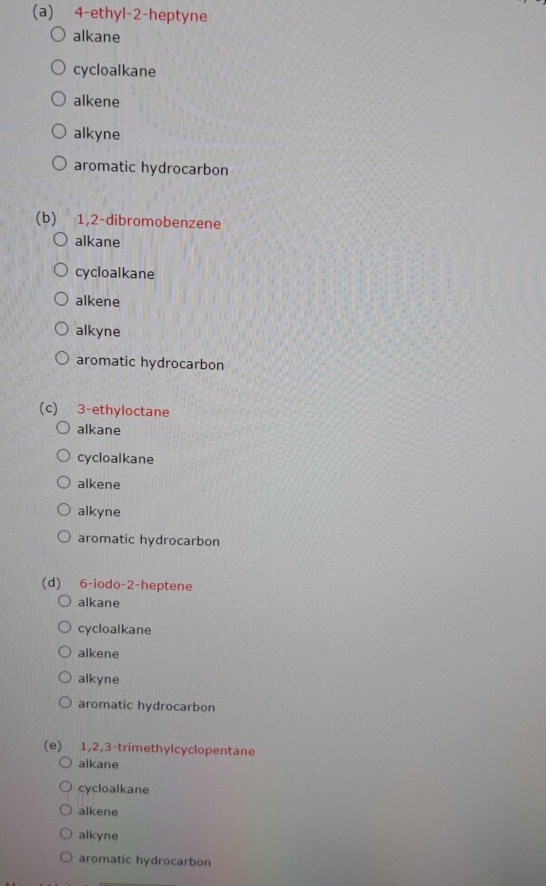 Solved Classify each Hydrocarbon as an alkane, cycloalkane, | Chegg.com