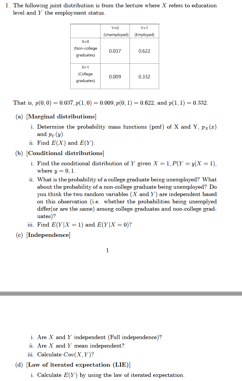 Solved The following joint distribution is from the lecture | Chegg.com