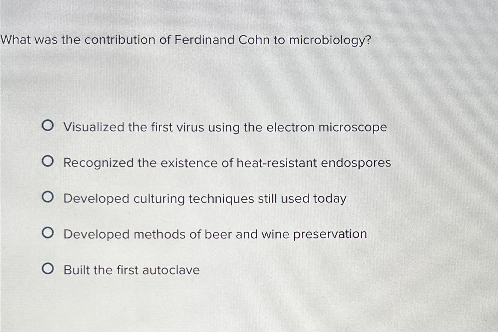 Solved What was the contribution of Ferdinand Cohn to | Chegg.com