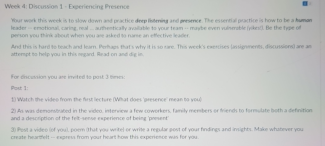Solved Week 4: Discussion 1 - ﻿Experiencing PresenceYour | Chegg.com