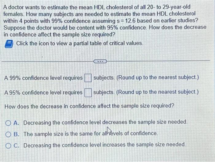 Solved A doctor wants to estimate the mean HDL cholesterol | Chegg.com