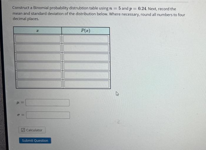 Solved = Construct a Binomial probability distrubtion table | Chegg.com
