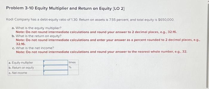 Solved Problem 3-10 Equity Multiplier and Return on Equity | Chegg.com