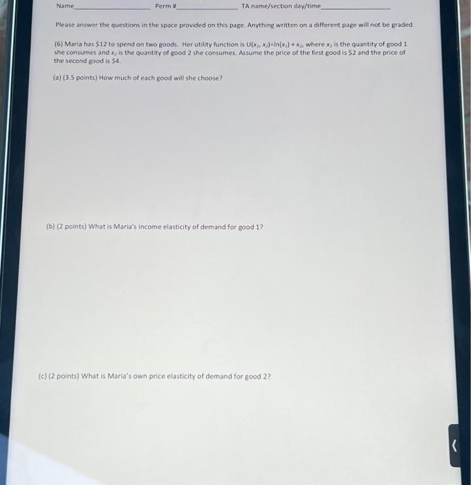 Solved Name Perm TA name/section day/time Please answer the | Chegg.com