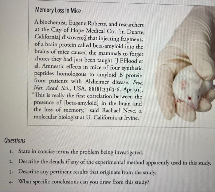 Solved Memory Loss in Mice A biochemist, Eugene Roberts, and | Chegg.com