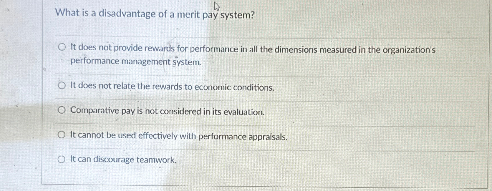 Solved What is a disadvantage of a merit pay system?It does | Chegg.com