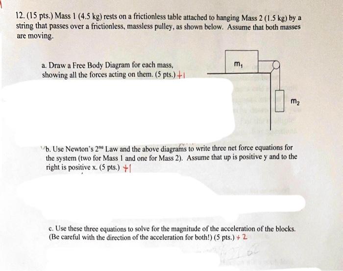 Solved 12. ( 15pts.) Mass 1(4.5 kg) rests on a frictionless | Chegg.com