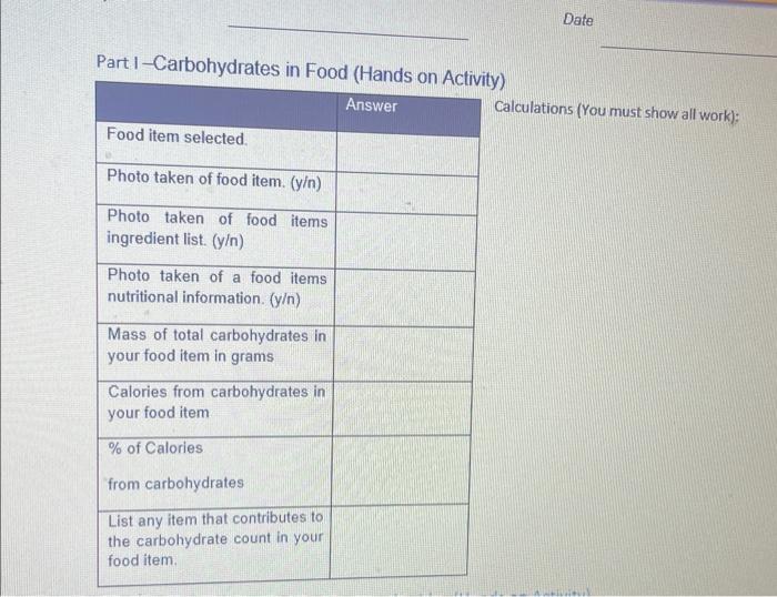 Solved Part I-Carbohydrates in Food (Hands on Activity) | Chegg.com