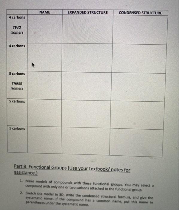 Solved NAME EXPANDED STRUCTURE CONDENSED STRUCTURE 4 carbons | Chegg.com